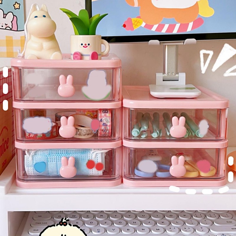 Four Layer Desk Storage Box Rack Pen Stand Kawaii Rabbit Handle Makeup ...