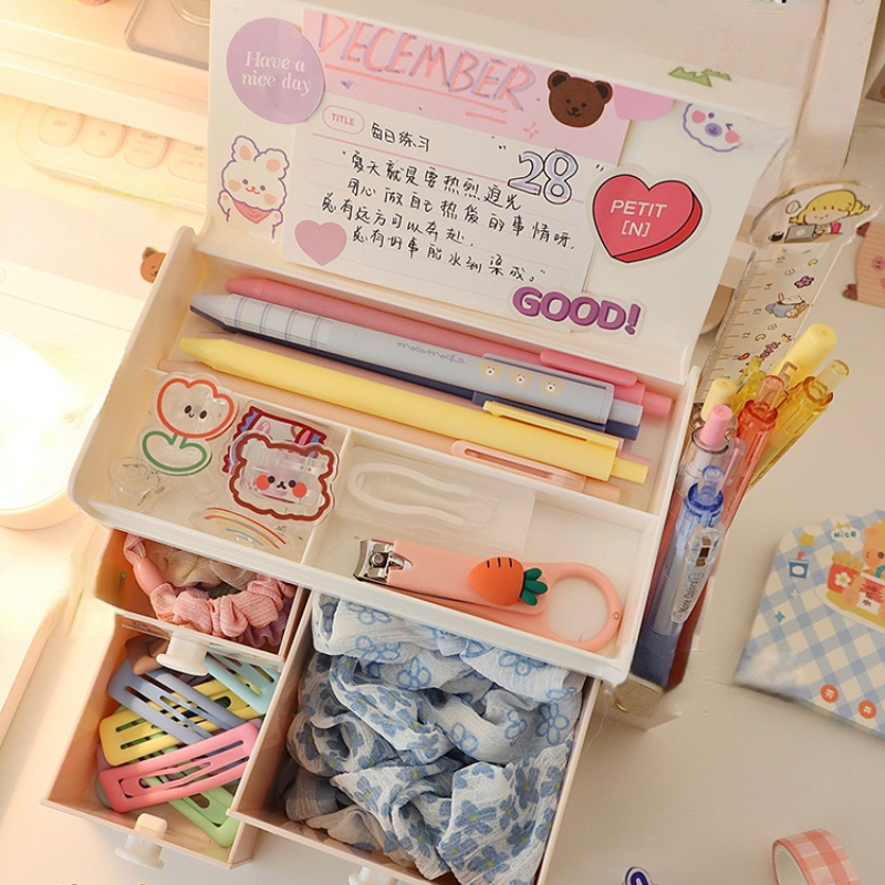Kawaii Cute Desktop Storage Box Plastic Drawer Pen Holder Student ...